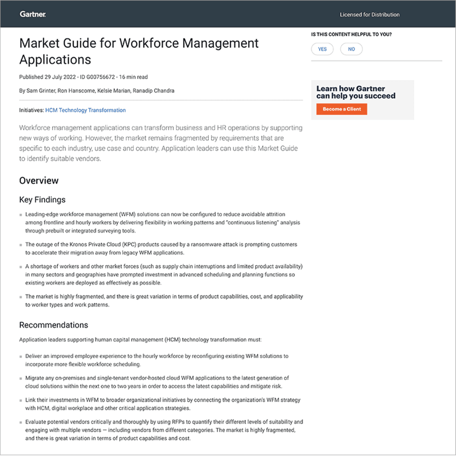 2022 Gartner® Market Guide for Workforce Management Applications 2022 Gartner® Market Guide for Workforce Management Applications